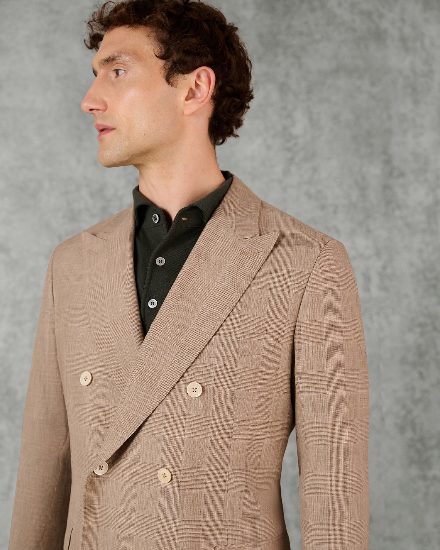 Kirk Linen Wool Silk Check Suit Tan